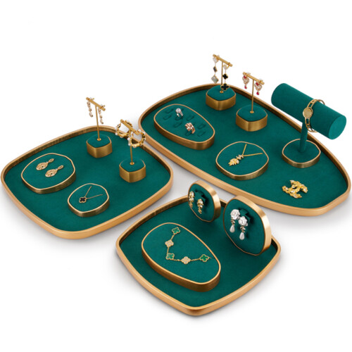 Jewelry Display Stand Set Exhibitor With Metal Frame and Green Microfiber